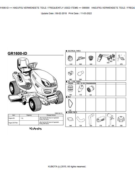 Kubota GR1600-ID Lawn Tractor Parts Catalogue Manual (Publishing ID: B ...