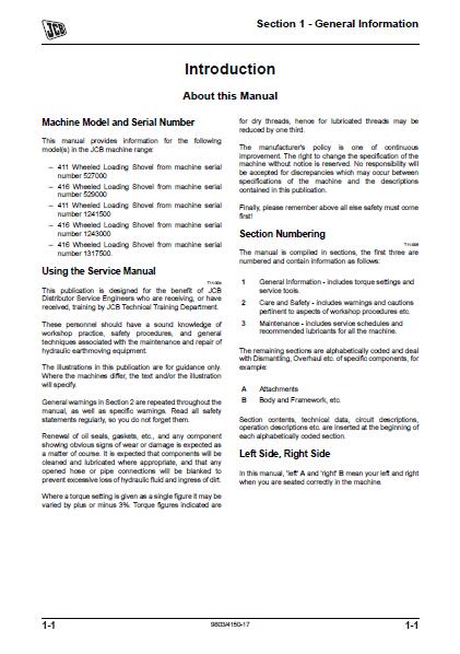 JCB 411 Wheeled Loading Shovel Service Repair Manual serial number 527 ...