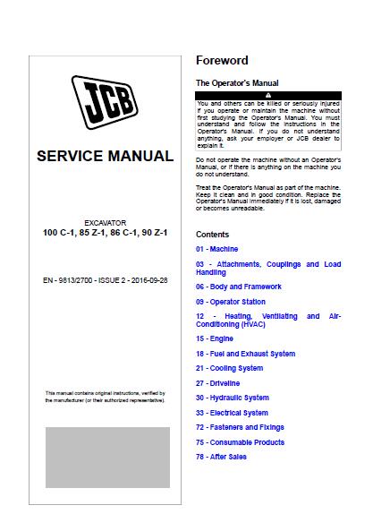 JCB 100C-1, 85Z-1, 86C-1, 90Z-1 Mini Excavator Service Repair Manual F ...