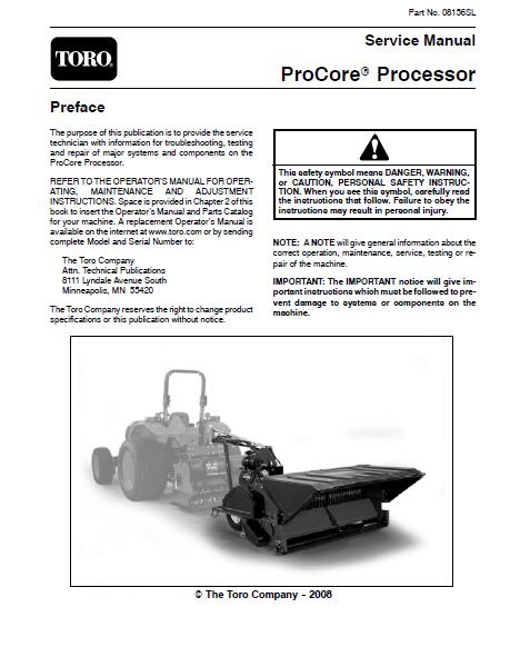 Toro ProCore Processor Service Repair Manual – FREESAMPLESERVICEMANUAL