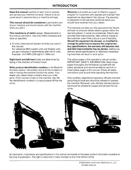 Hitachi EX750-5 Excavator operator’s manual Serial No. 005412 and up ...
