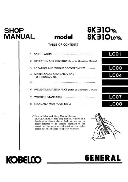 Kobelco SK310 III Crawler Excavator Service Repair Manual (LC03801 ...