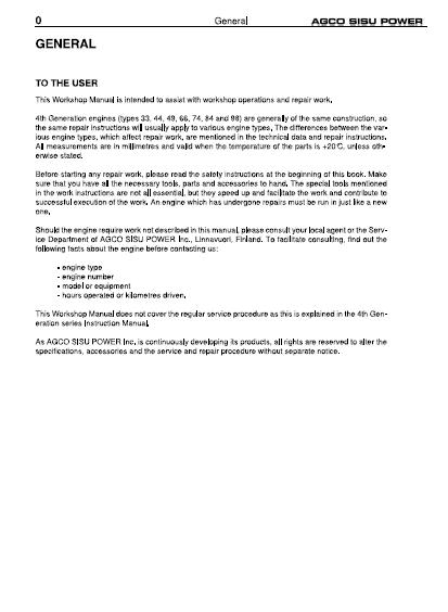 AGCO SISU POWER 4th (Engine Type 33 44 49 66 74 84 98) Generation Engi ...